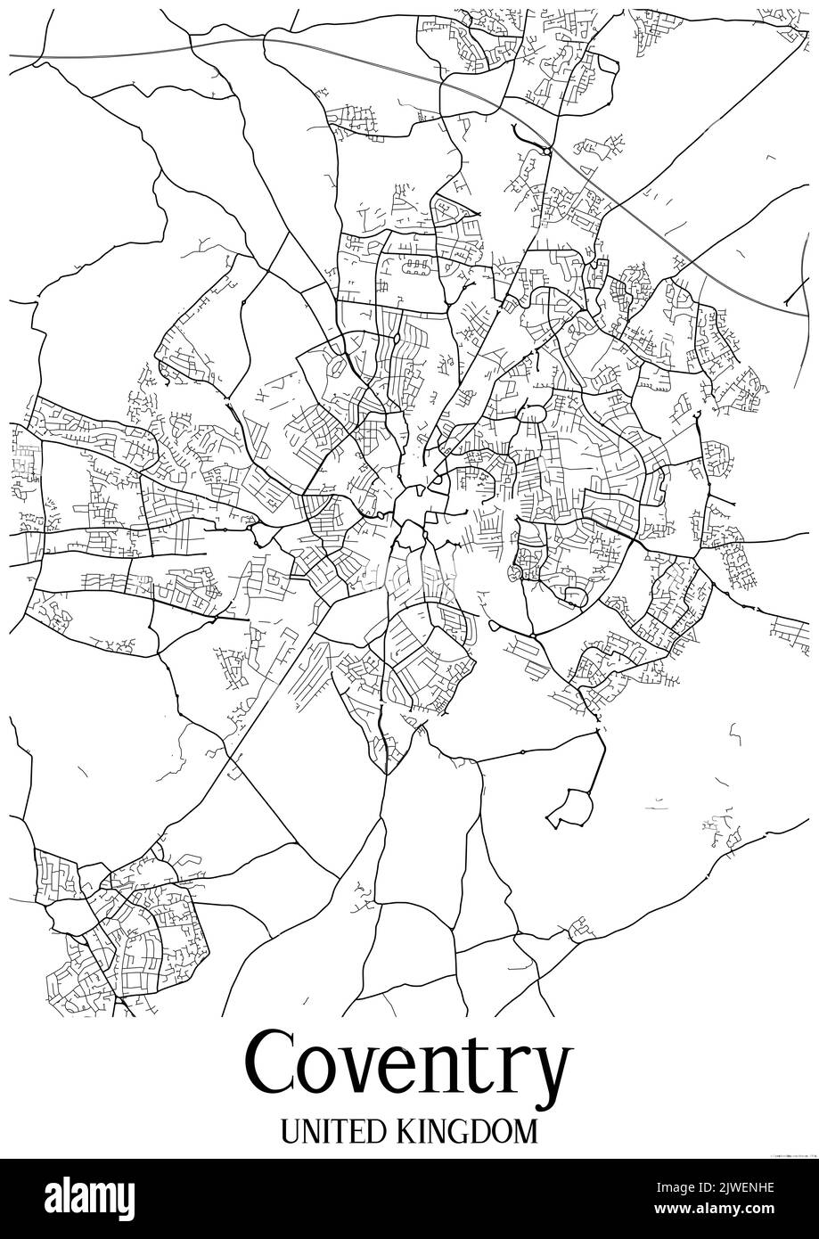 Black and white classic urban map of Coventry United Kingdom.This map contains geographic lines ...