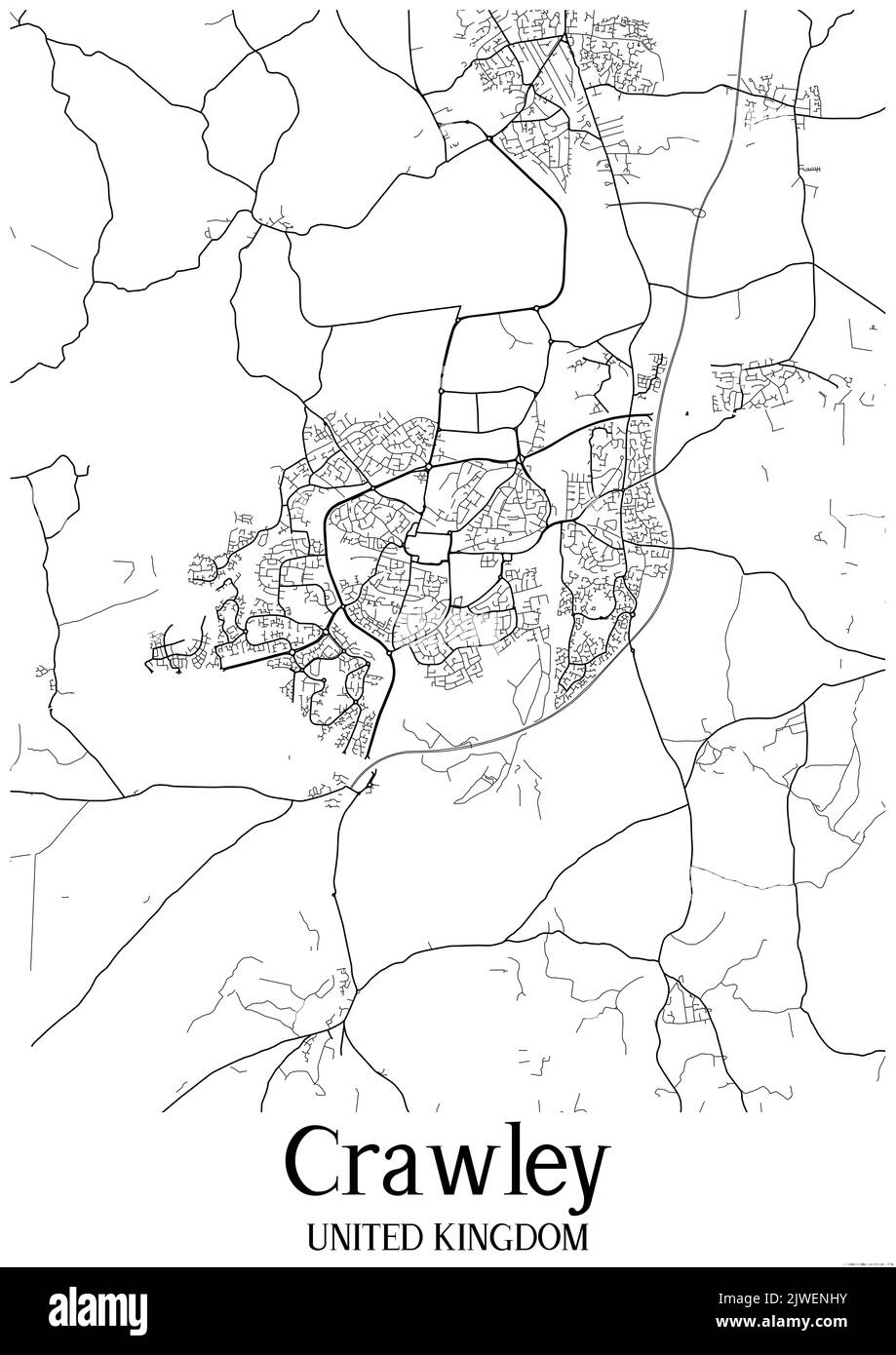 Black and white classic urban map of Crawley United Kingdom.This map ...