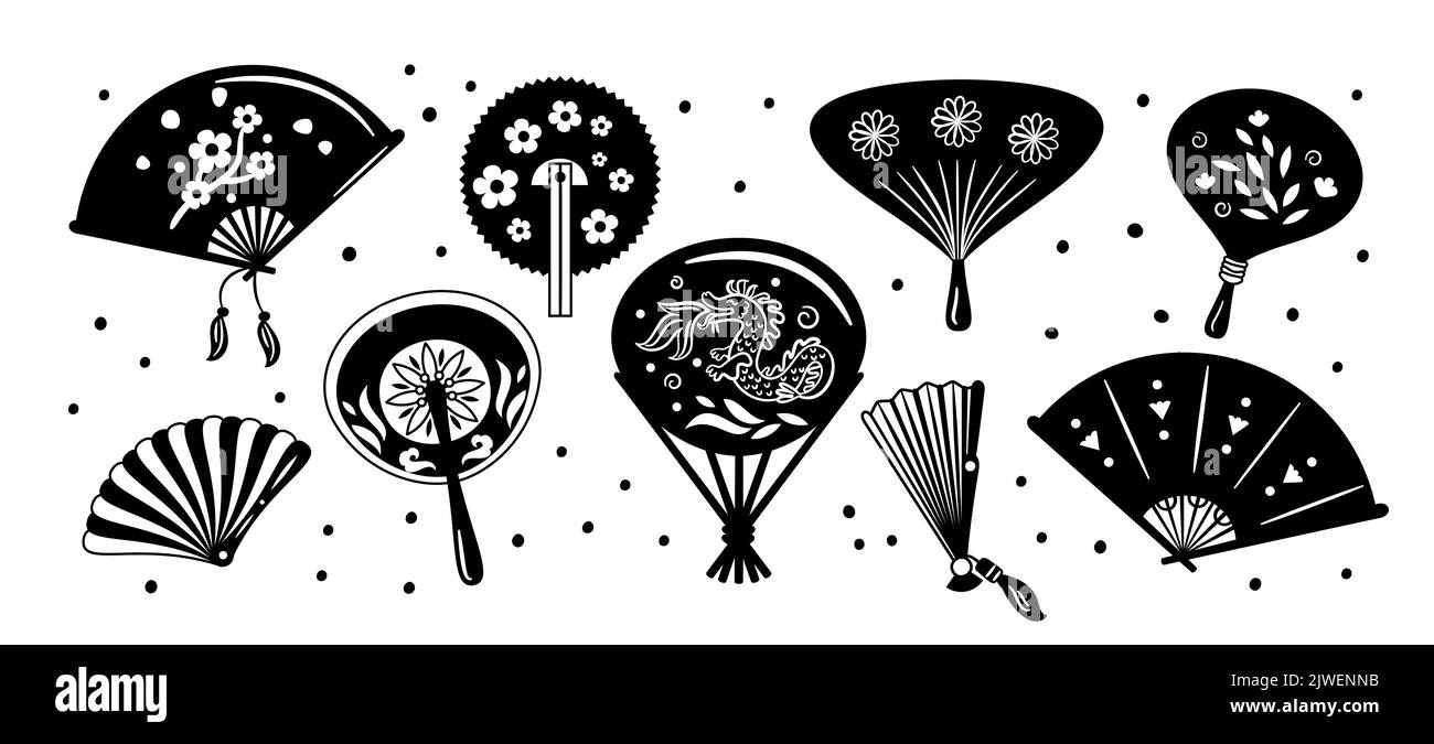 Black paper hand fans. Chinese souvenirs. Traditional accessories ...