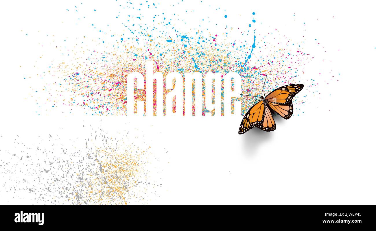 Abstract conceptual design with the word change and butterfly and ink ...