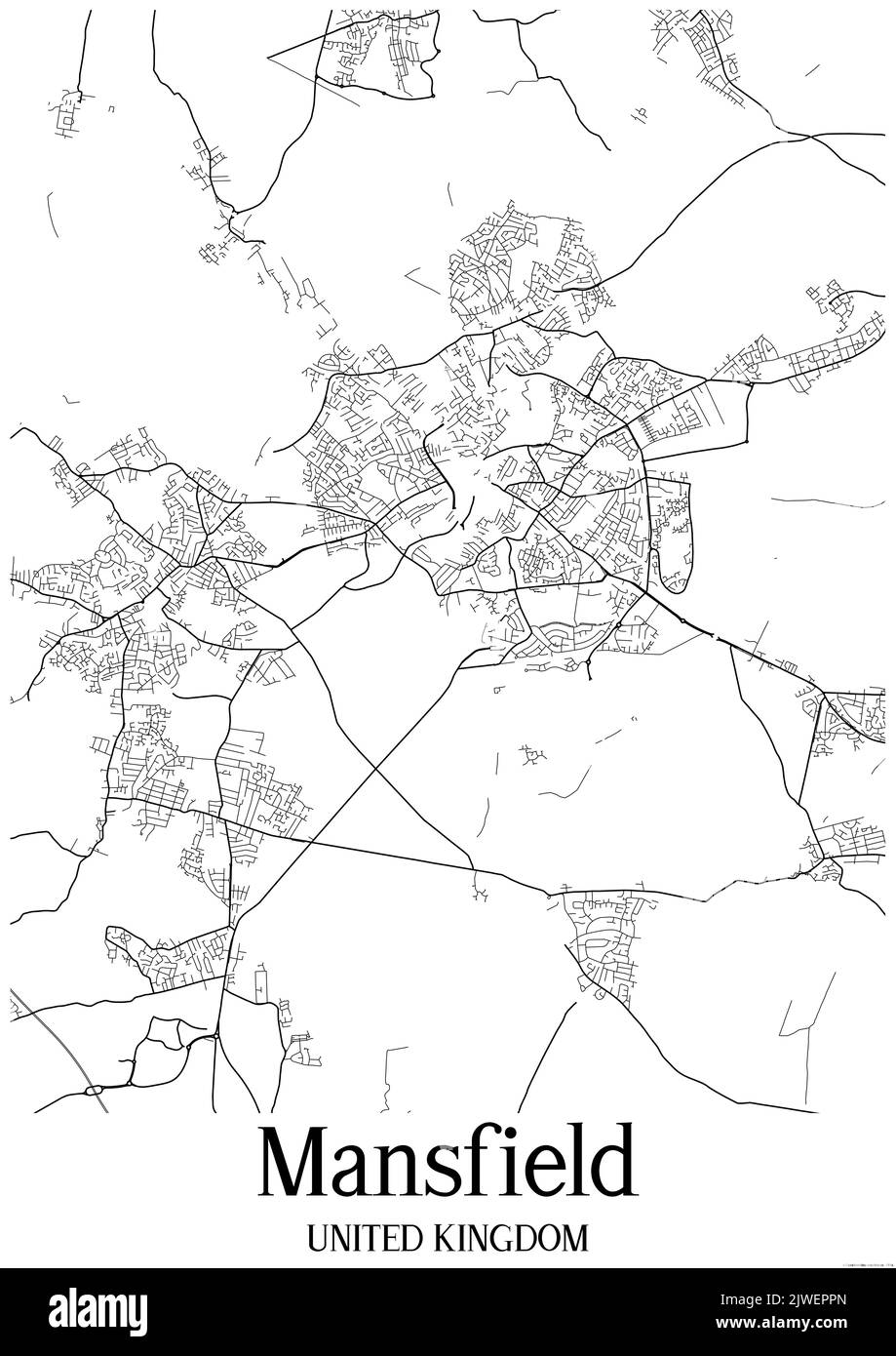 Black and white classic urban map of Mansfield United Kingdom.This map ...