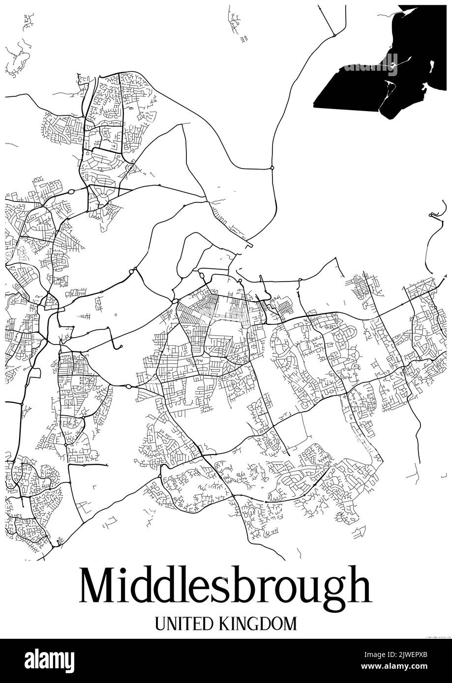 Black and white classic urban map of Middlesborough United Kingdom.This ...