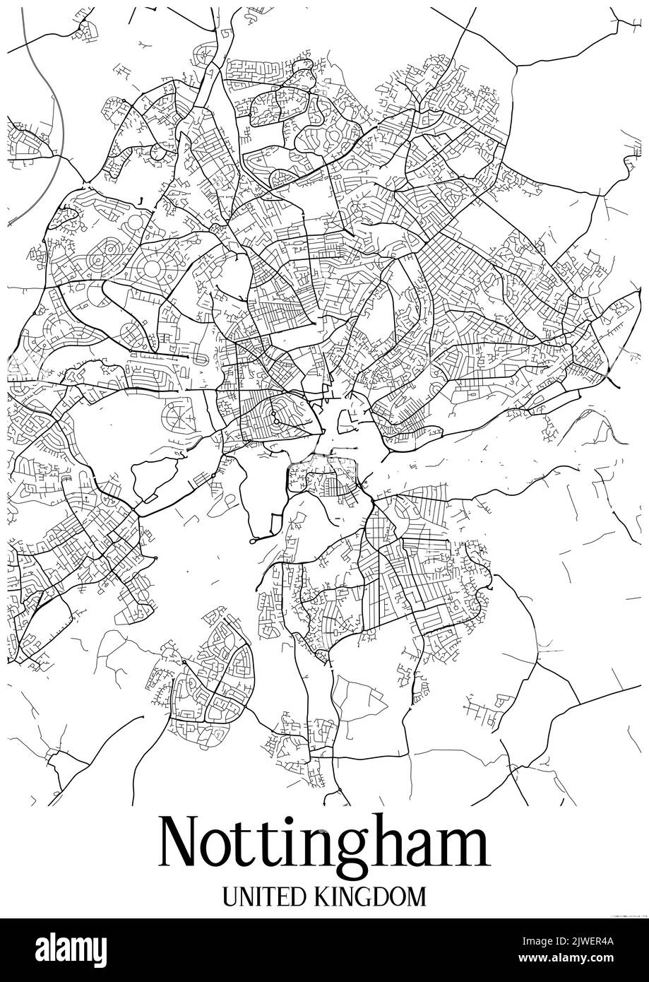 Black and white classic urban map of Nottingham United Kingdom.This map ...