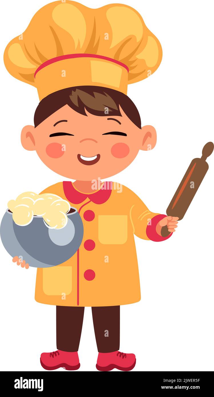 Little cook with prolling pin and dough. Cartoon kid chef Stock Vector ...