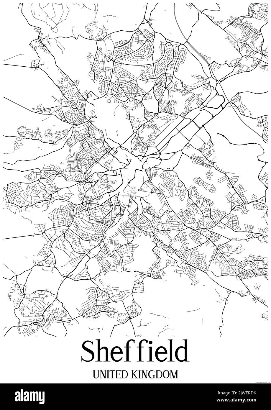 Black and white classic urban map of Sheffield United Kingdom.This map ...