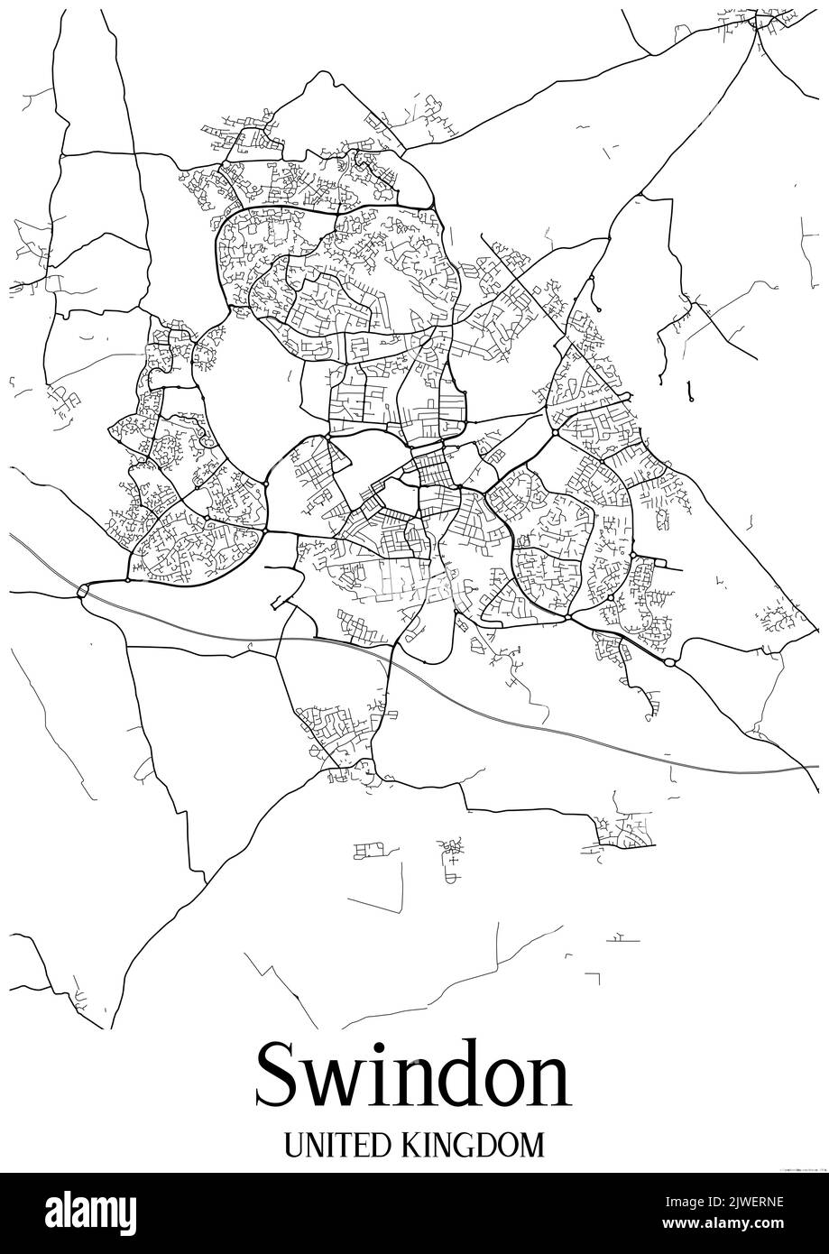 Black and white classic urban map of Swindon United Kingdom.This map ...
