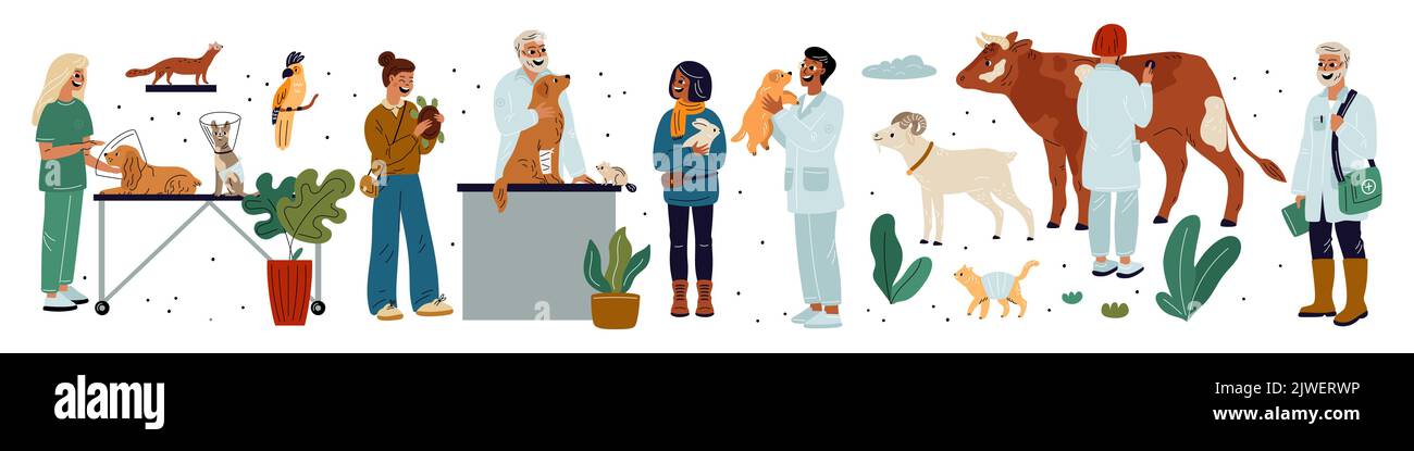 Vet doctors with animals. Cartoon veterinarians examining cute pets ...