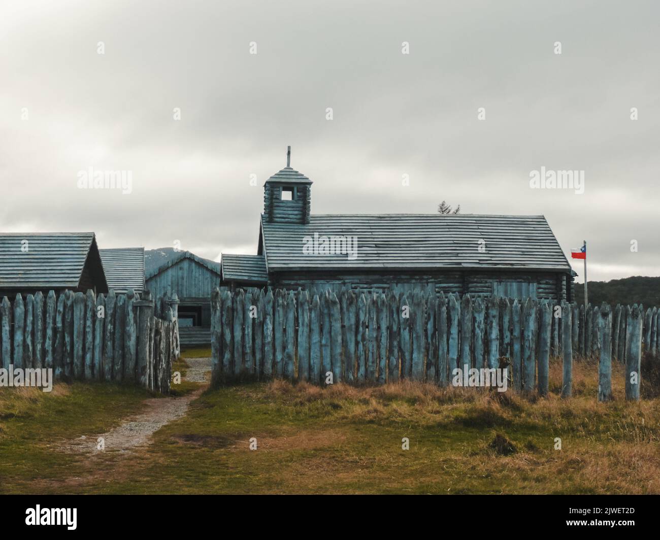 A wooden church building under a cloudscape in Fuerte Bulnes, Punta ...