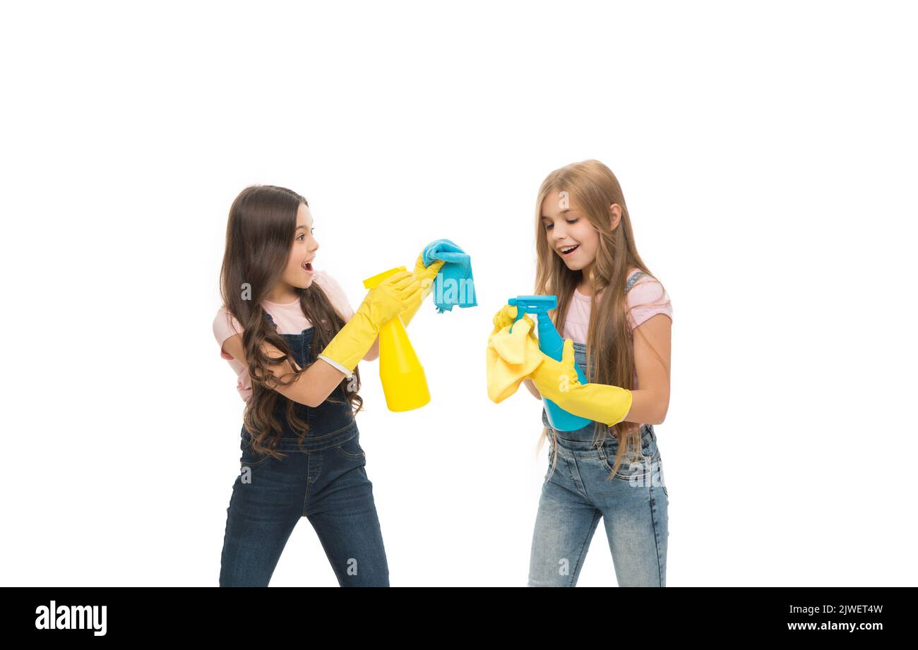 Girls with yellow rubber protective gloves ready for cleaning ...