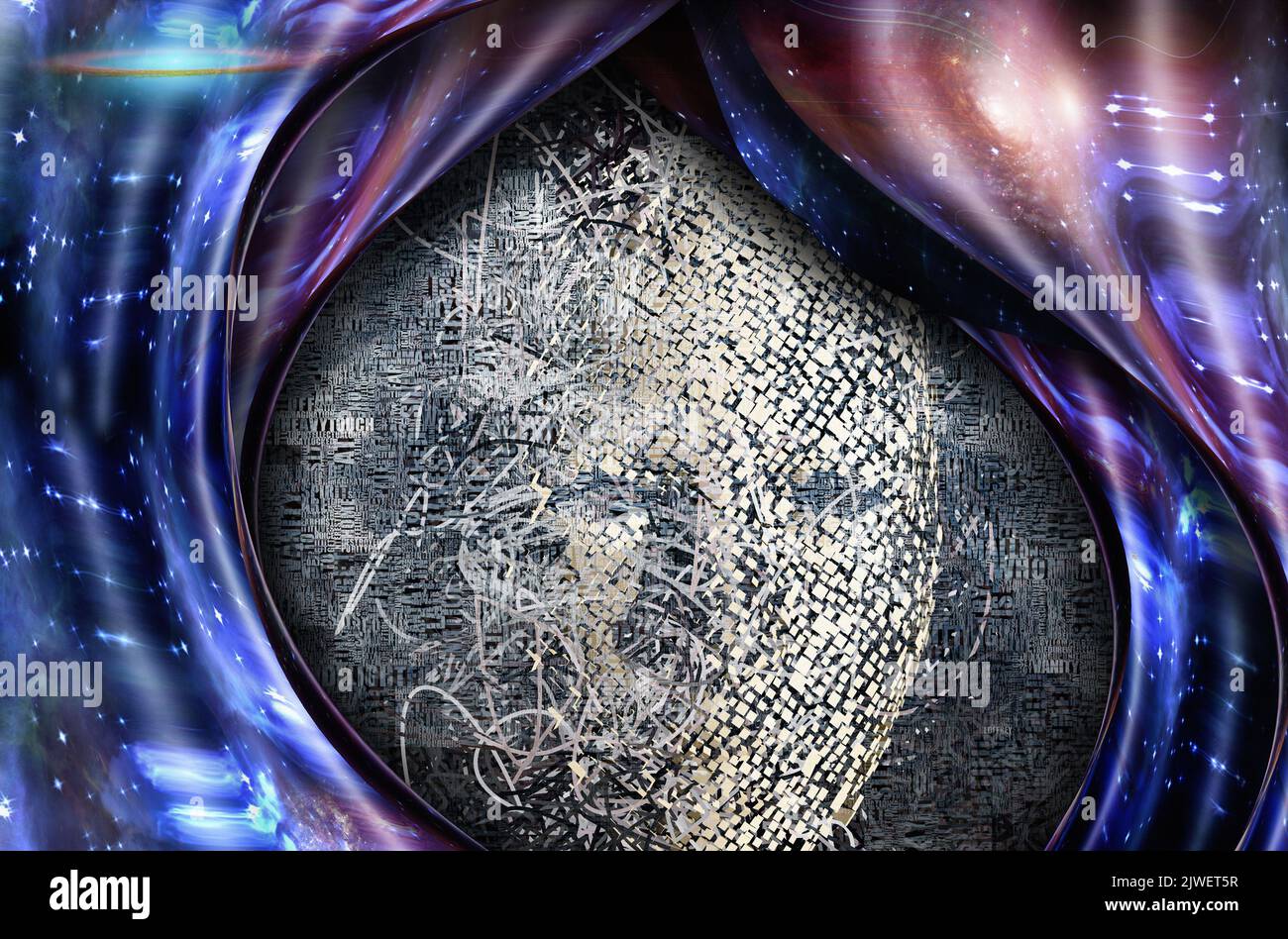 Surrealism. Human face mask made of cubes. Warped space. 3D rendering ...