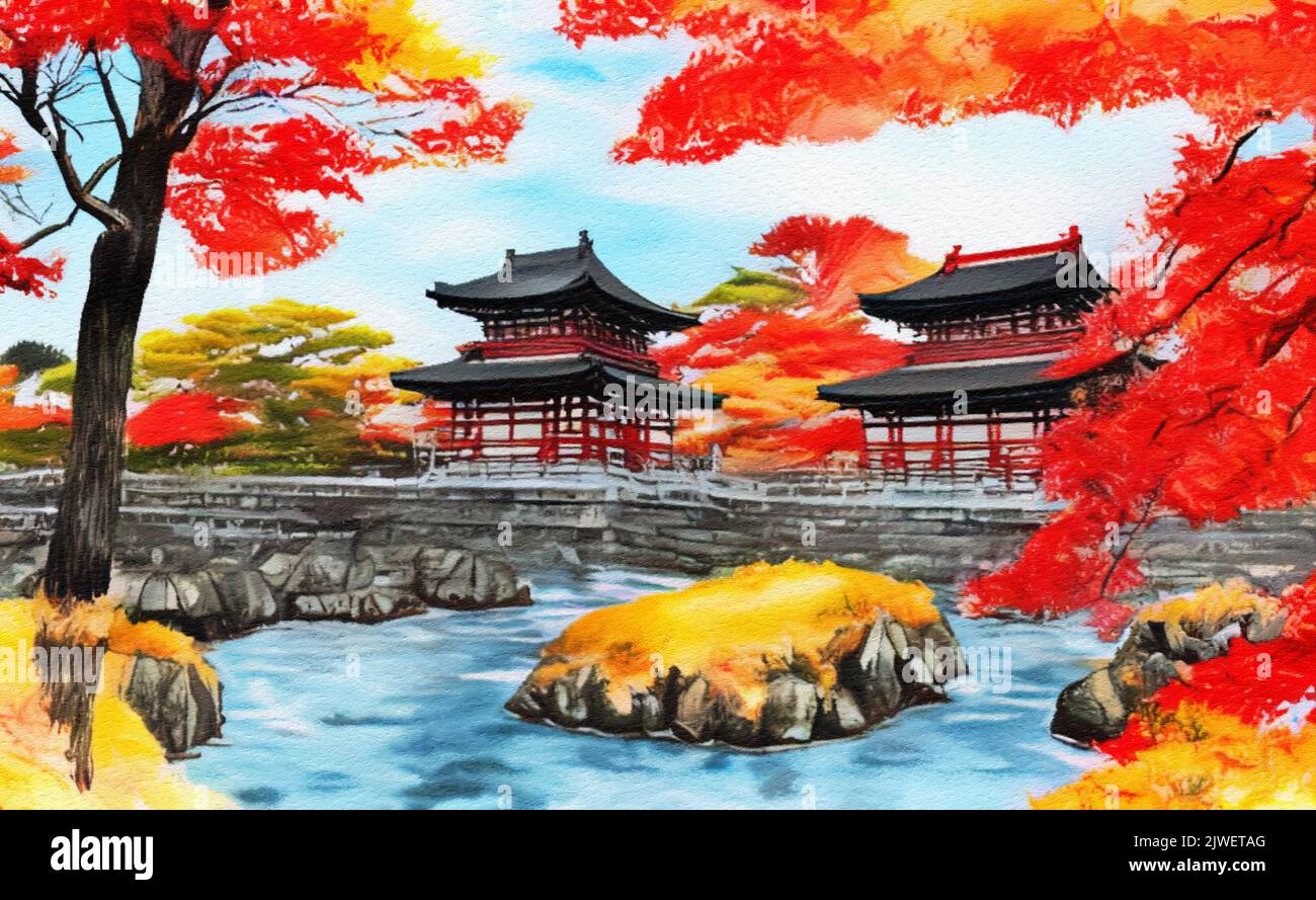 Watercolor drawing Japan landmark in autumn. Famous Japanese place ...