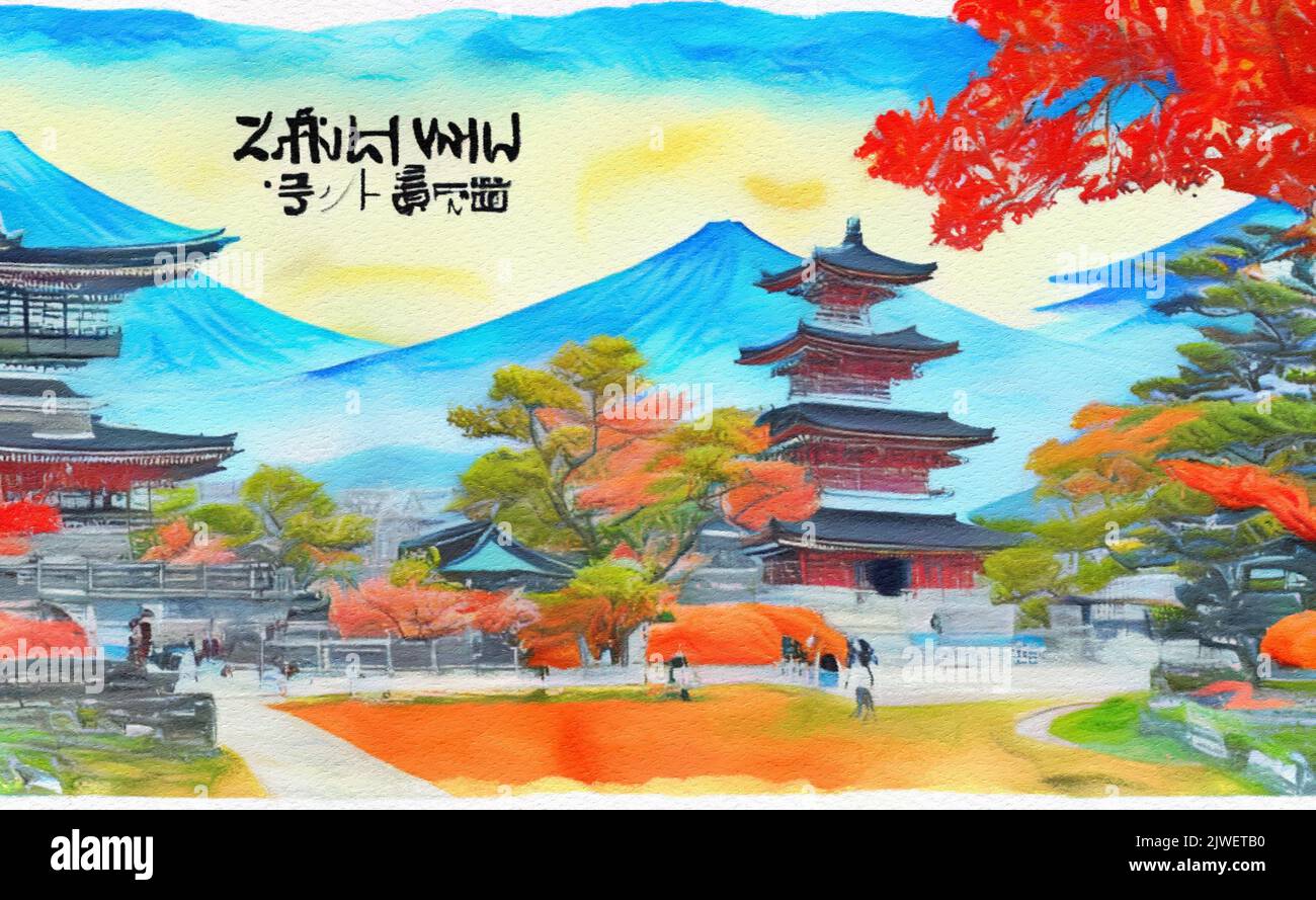 Watercolor drawing Japan landmark in autumn. Famous Japanese place ...