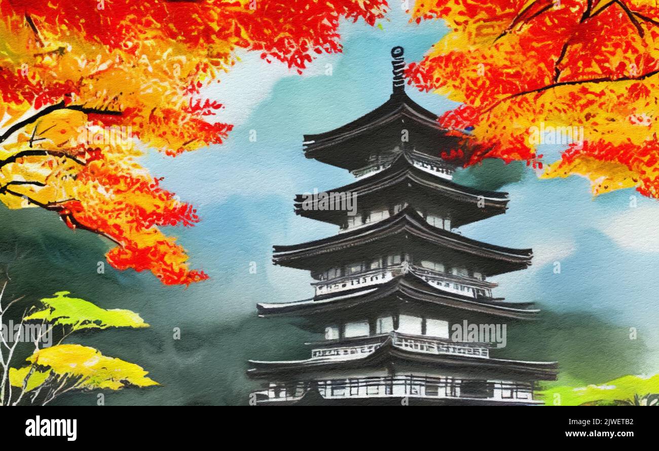 Watercolor drawing Japan landmark in autumn. Famous Japanese place ...