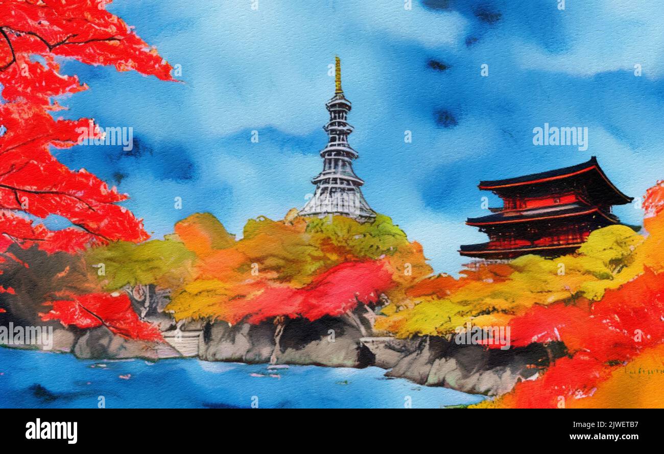Watercolor drawing Japan landmark in autumn. Famous Japanese place ...