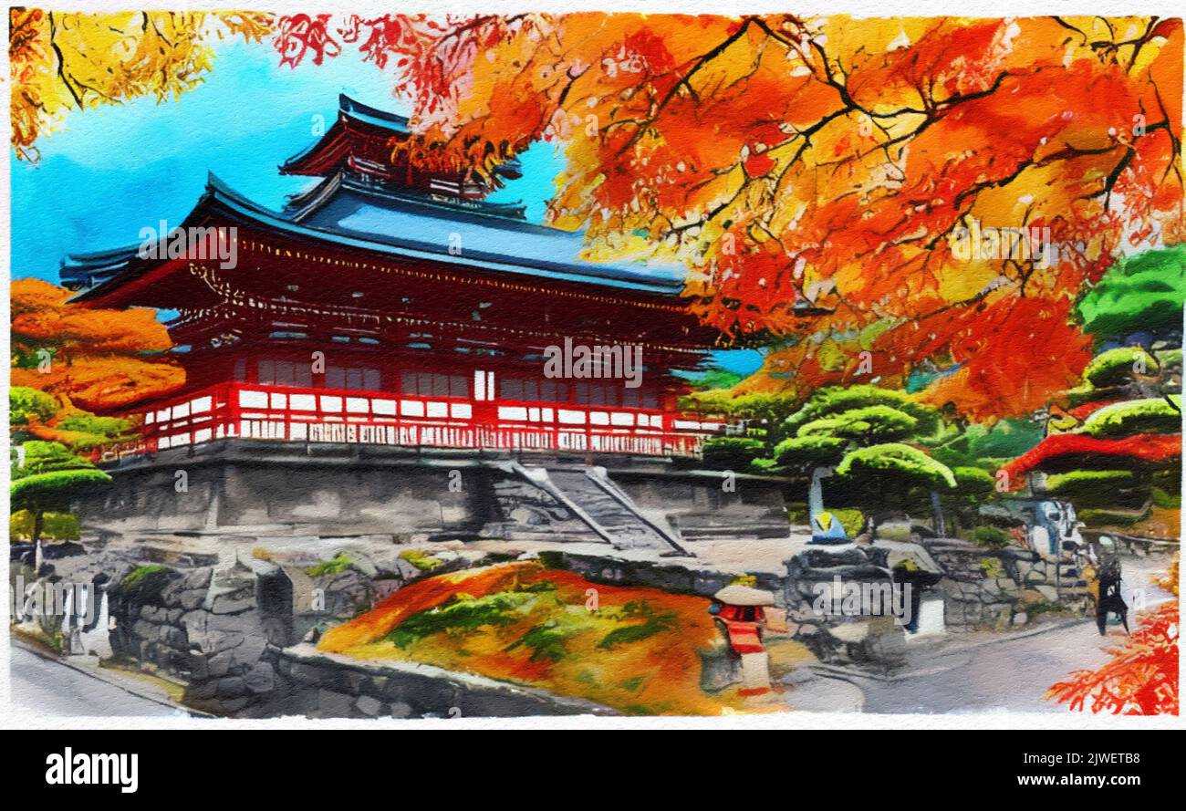 Watercolor drawing Japan landmark in autumn. Famous Japanese place ...