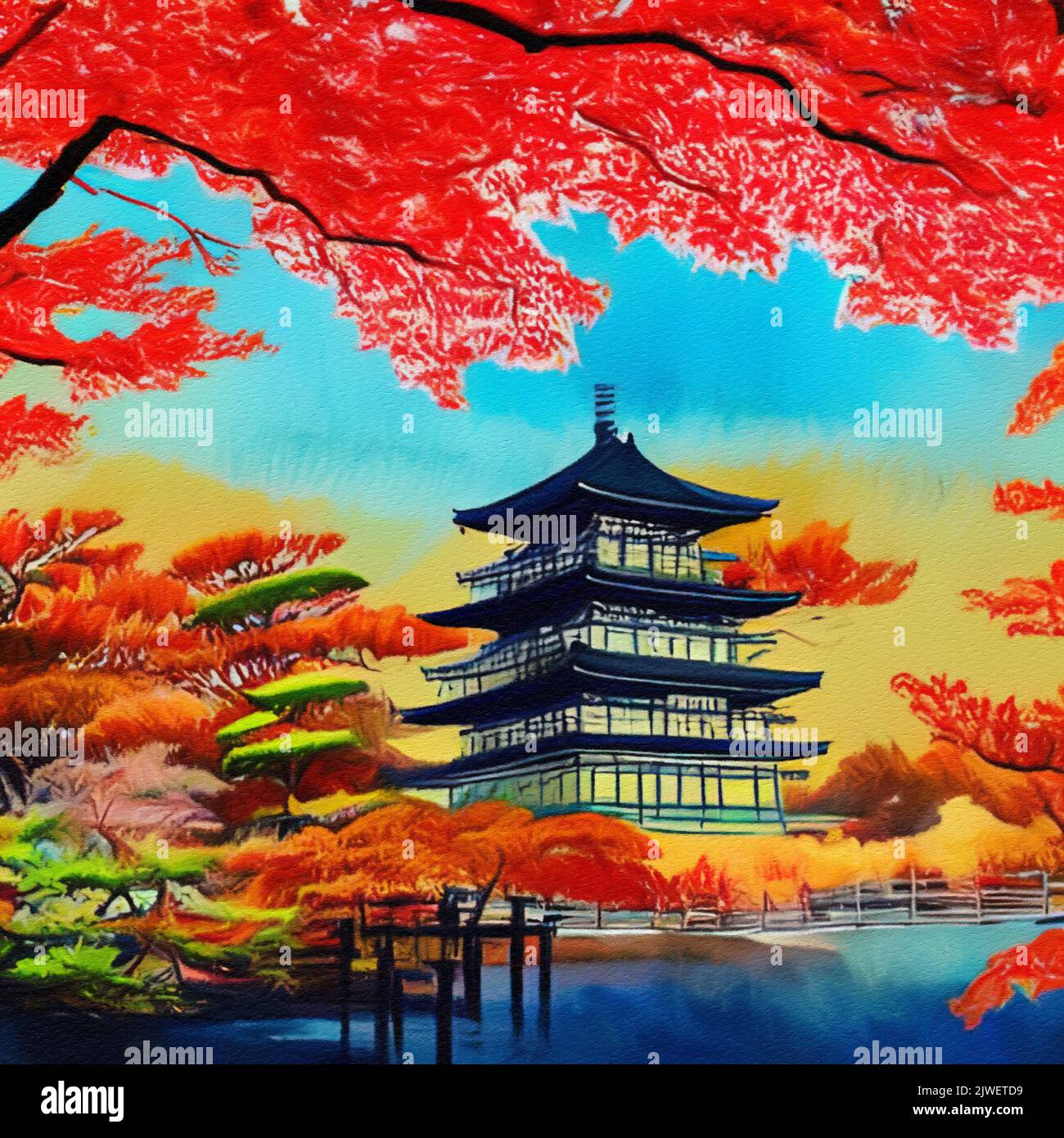 Watercolor drawing Japan landmark in autumn. Famous Japanese place ...