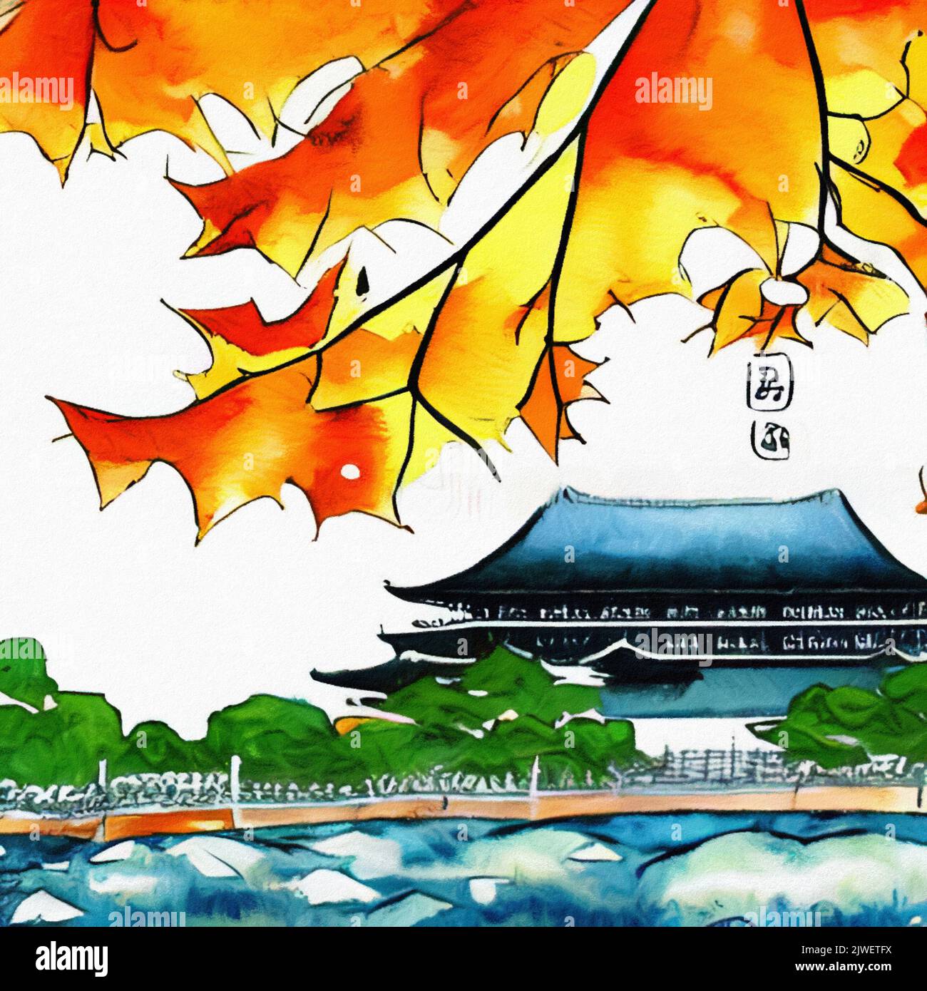 Watercolor drawing Japan landmark in autumn. Famous Japanese place ...