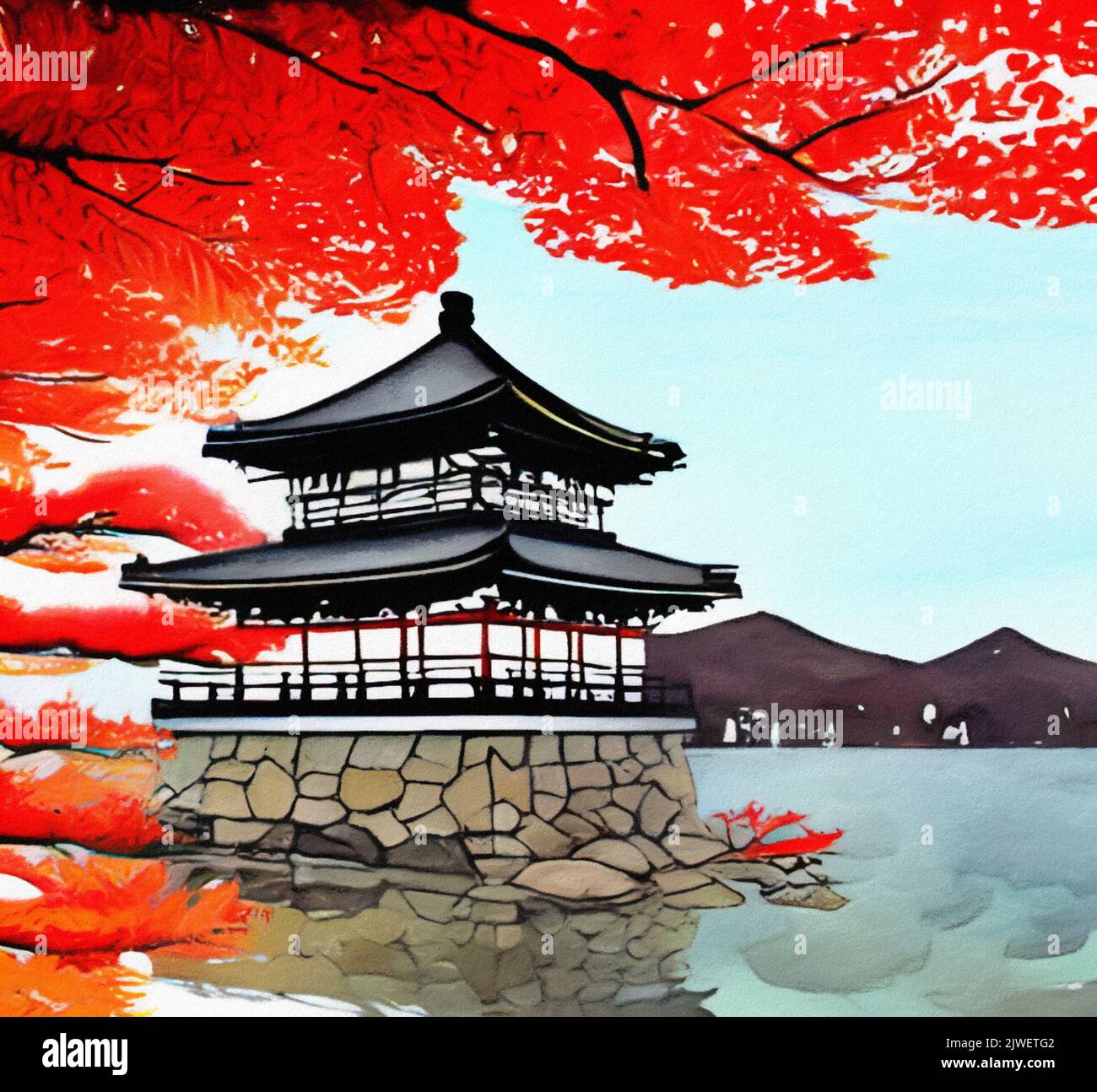 Watercolor drawing Japan landmark in autumn. Famous Japanese place ...