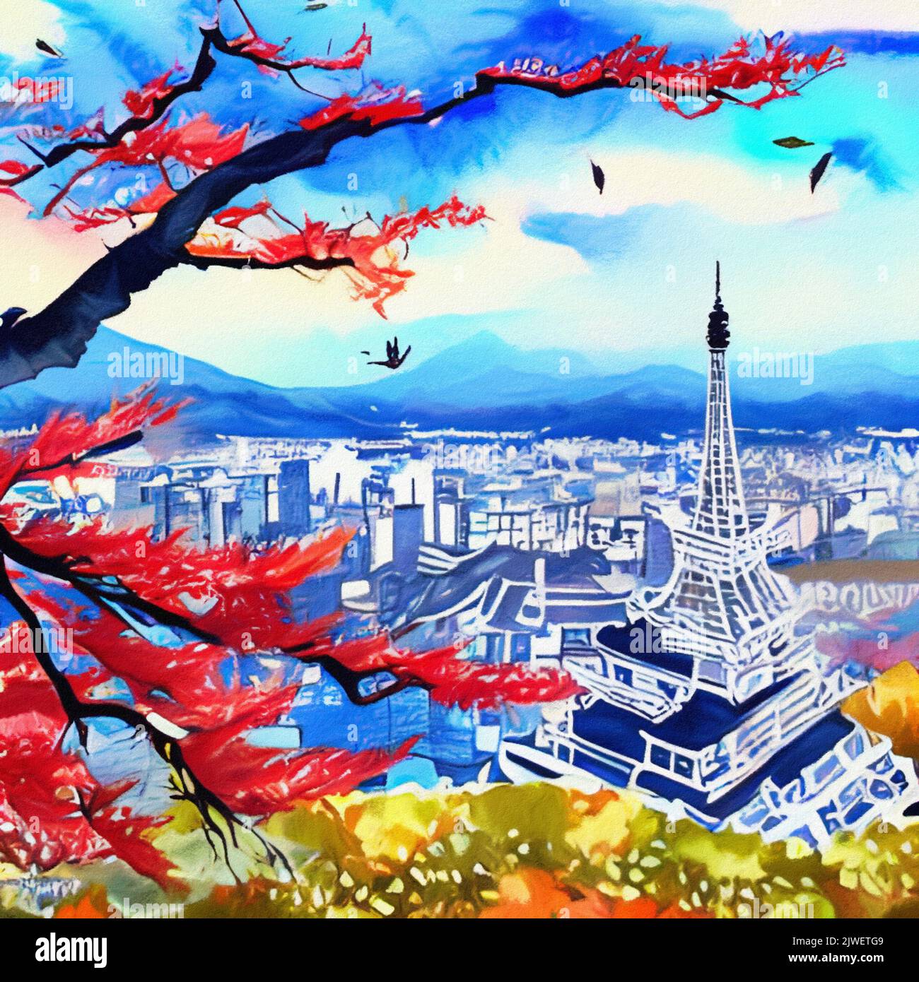 Watercolor drawing Japan landmark in autumn. Famous Japanese place ...