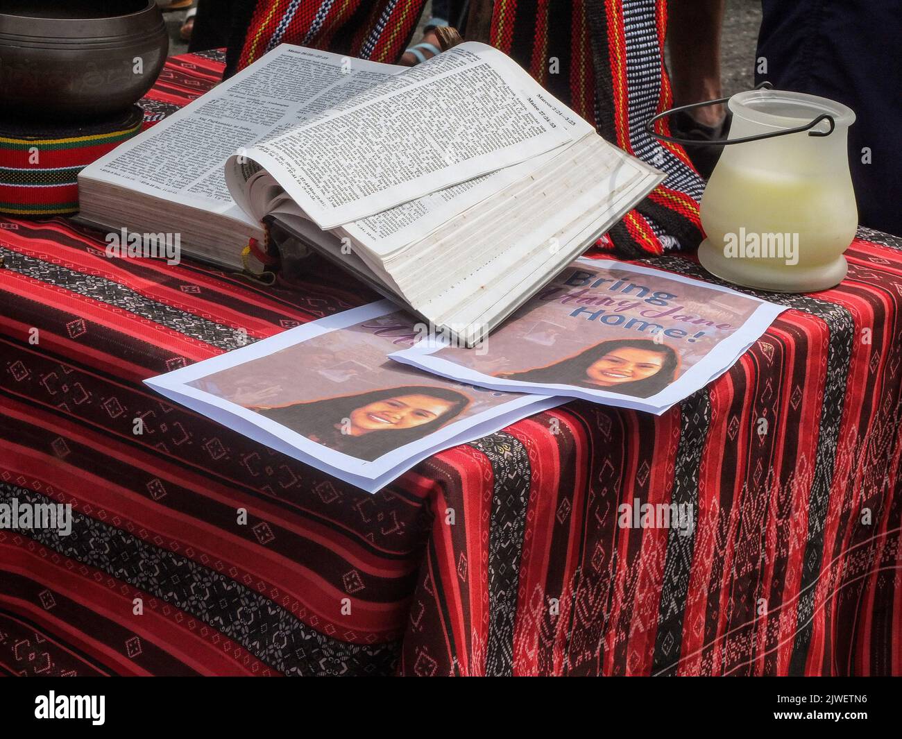 A bible is seen next to posters of Mary Jane Veloso at a makeshift ...