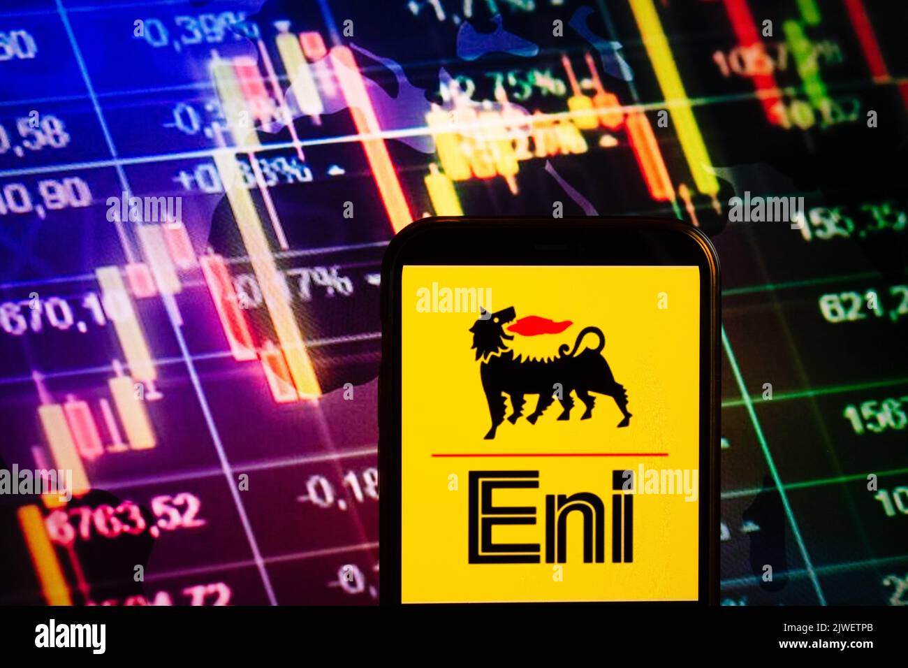 KONSKIE, POLAND - September 04, 2022: Smartphone displaying logo of ENI ...