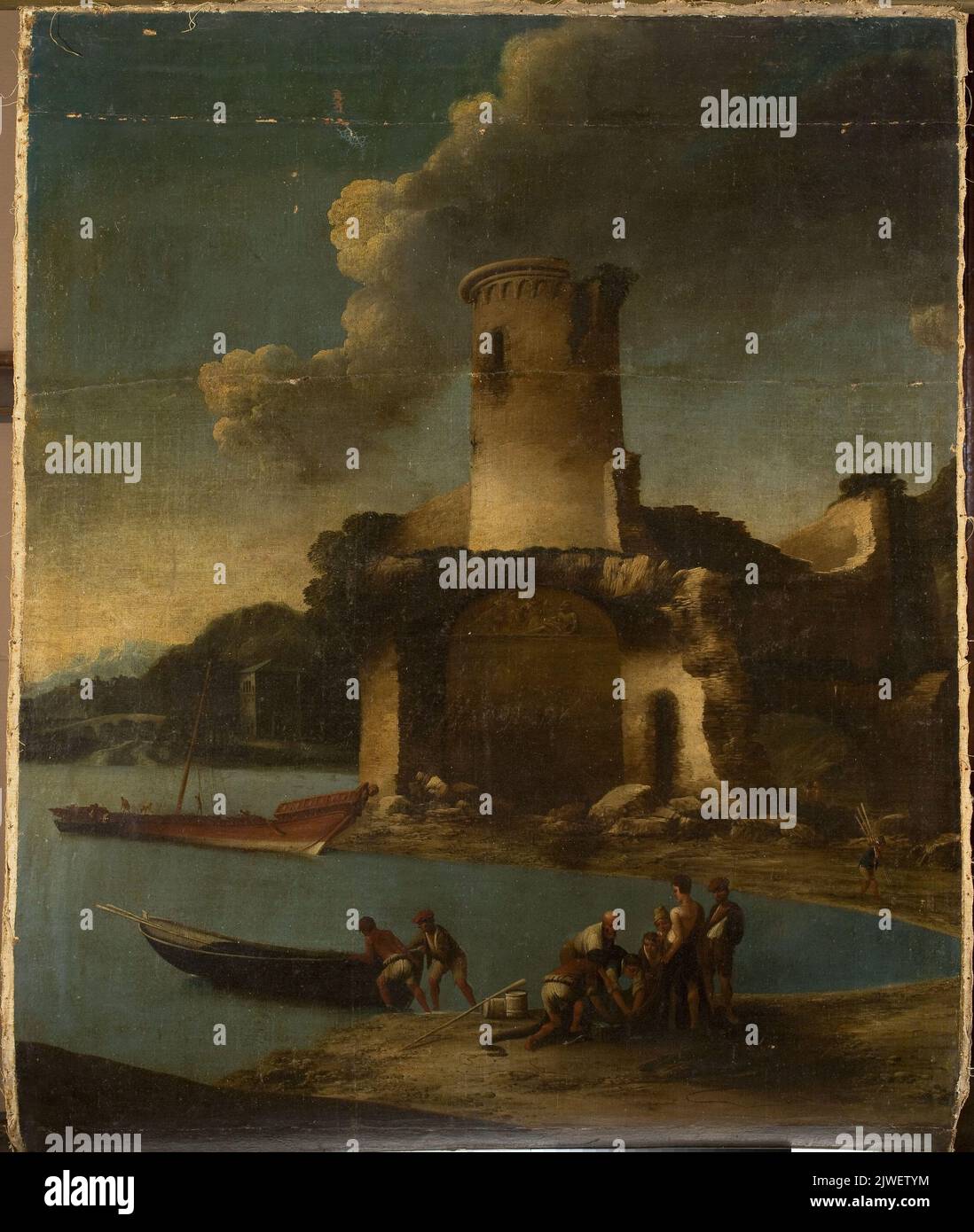 Landscape with fishermen and a tower. Travi, Antonio (1608-1665), painter Stock Photo - Alamy