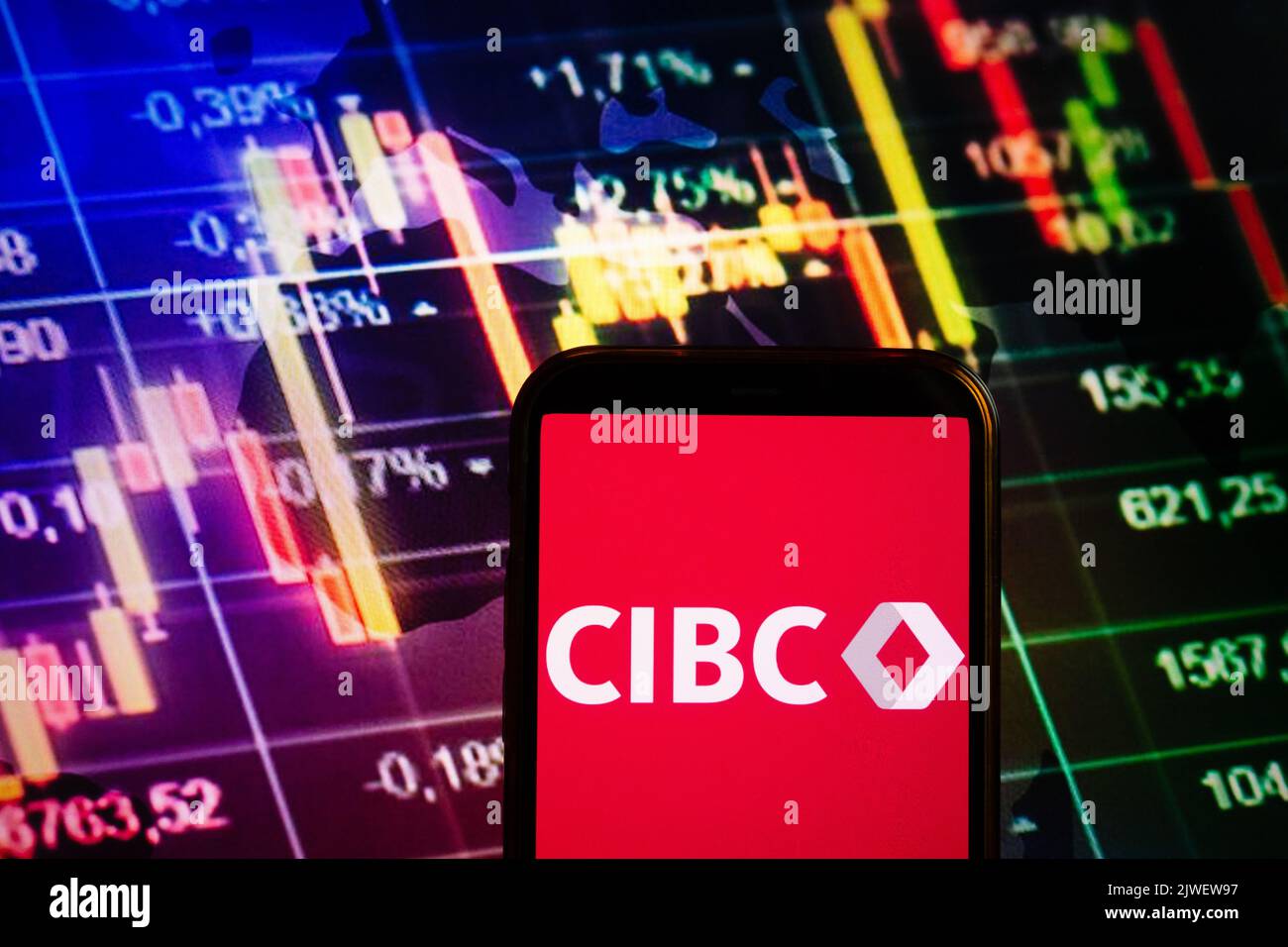 KONSKIE, POLAND - September 04, 2022: Smartphone displaying logo of CIBC company on stock ...