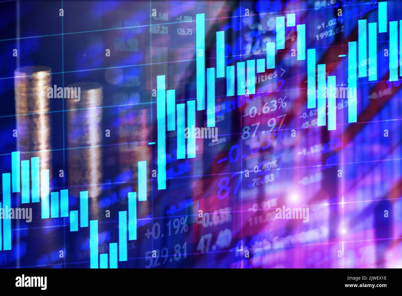 Financial abstract background with coins and candlestick charts as ...