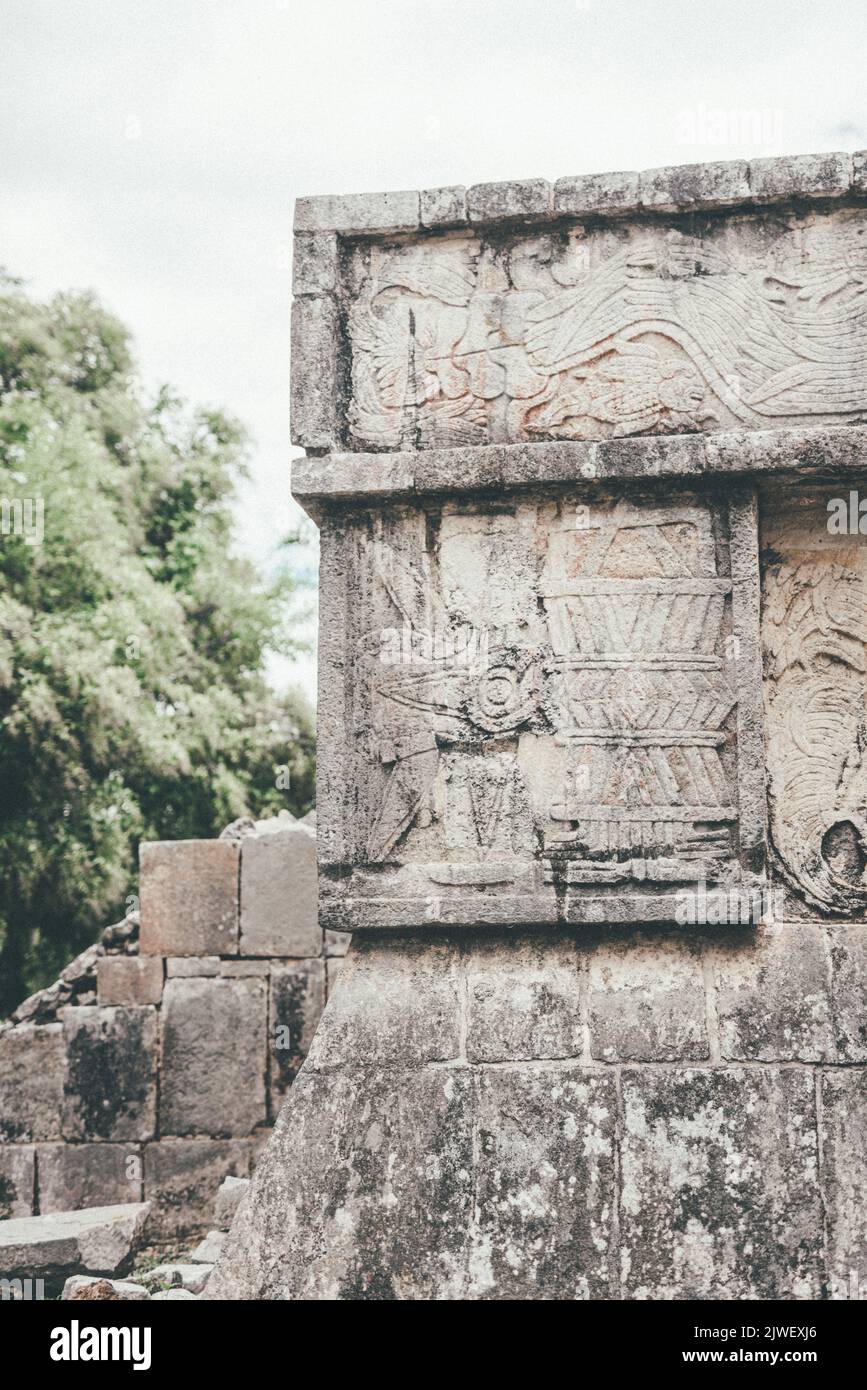 A vertical of a Mayan monument at Chichen Itza, one of the seven ...