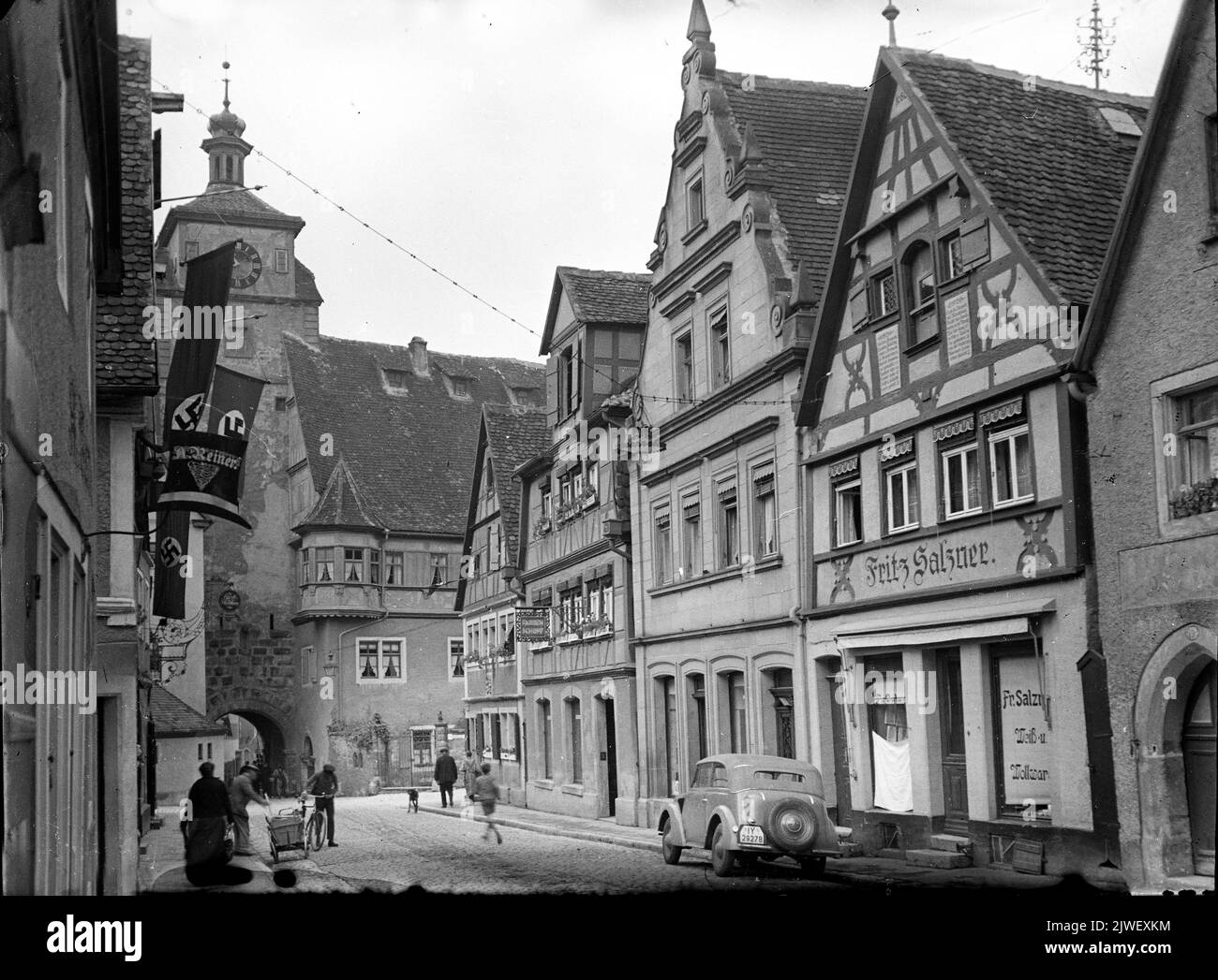 Medieval town of Rothenburg ob der Tauber, Germany with Swastika flag ...