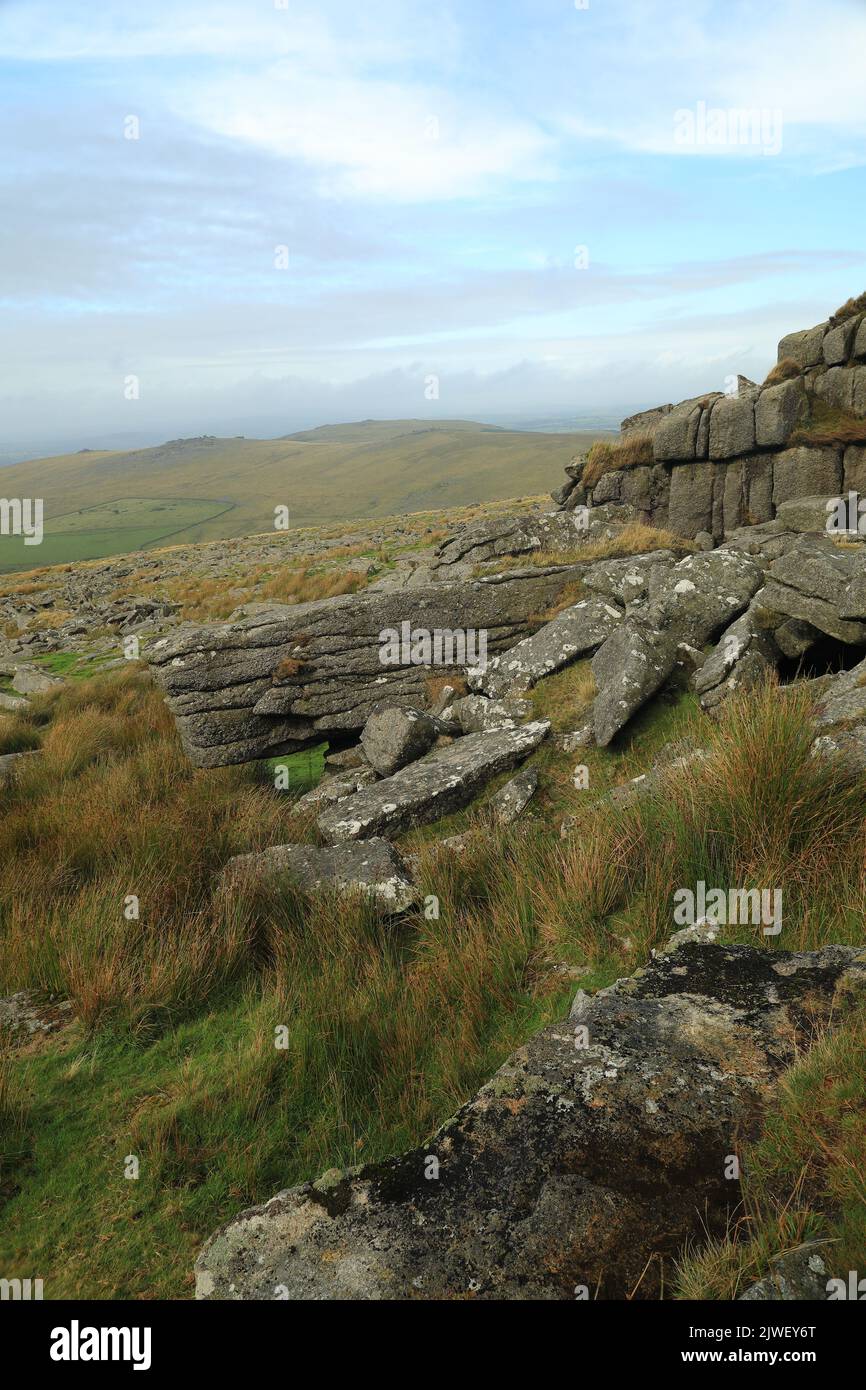 Rock stacks on Great Mis, view towards Roos tor, Dartmoor, Devon ...