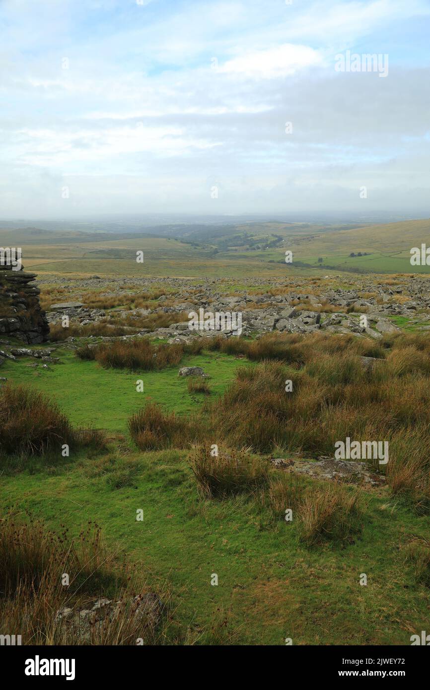 Rock stacks on Great Mis, view towards Roos tor, Dartmoor, Devon ...
