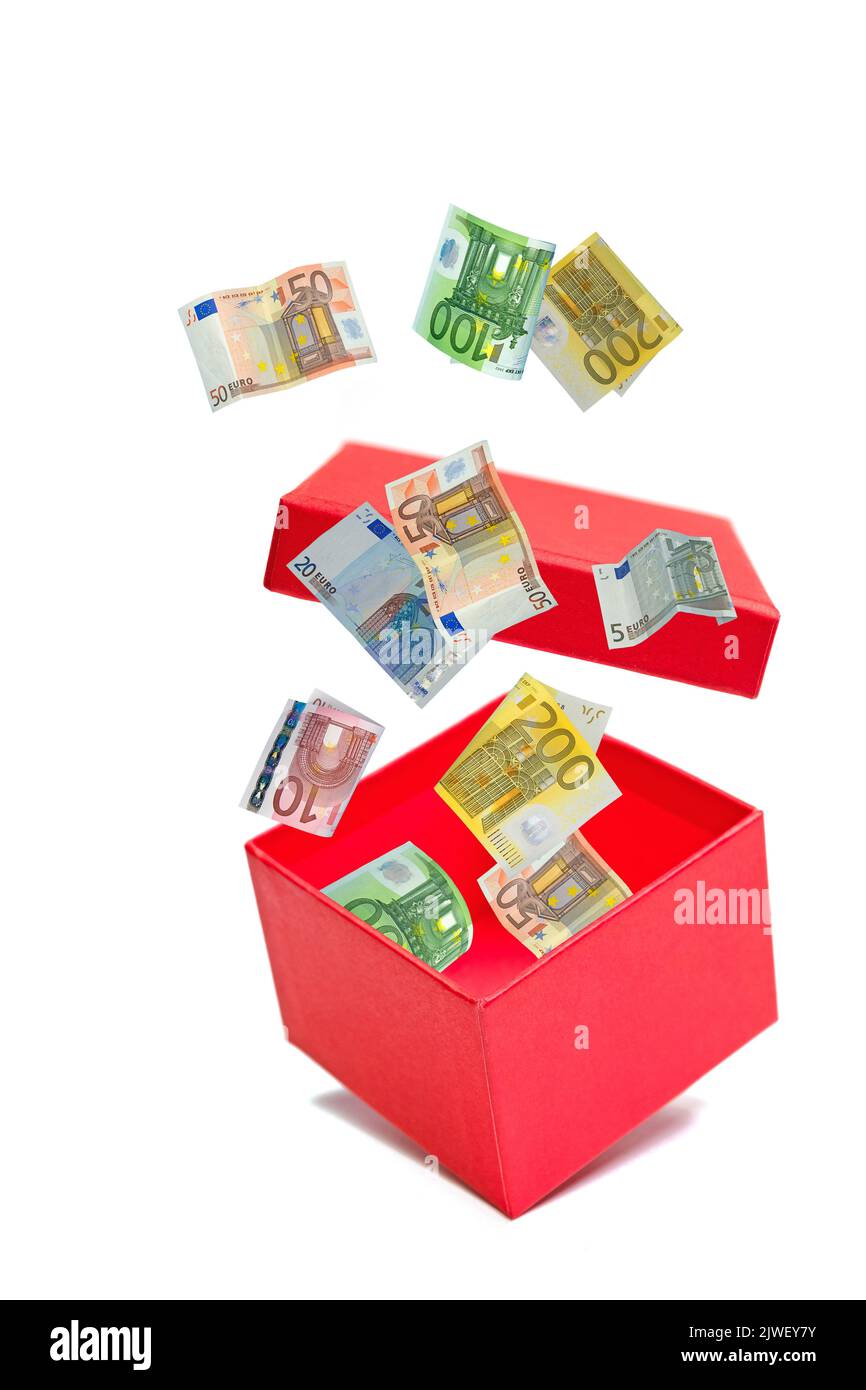 Red cardboard box with banknotes in a collage Stock Photo - Alamy