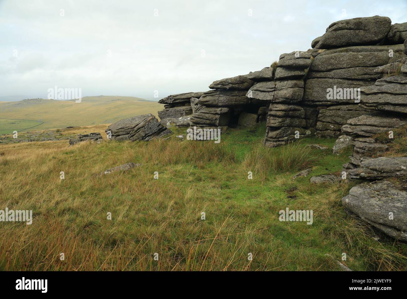 Rock stacks on Great Mis, view towards Roos tor, Dartmoor, Devon ...