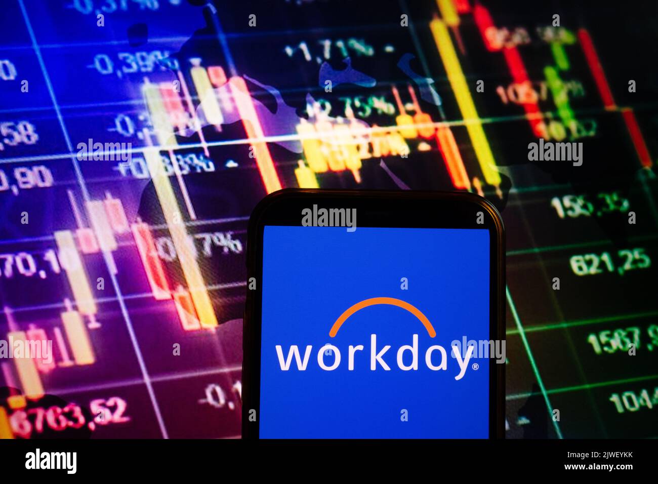 KONSKIE, POLAND - September 04, 2022: Smartphone displaying logo of Workday company on stock ...