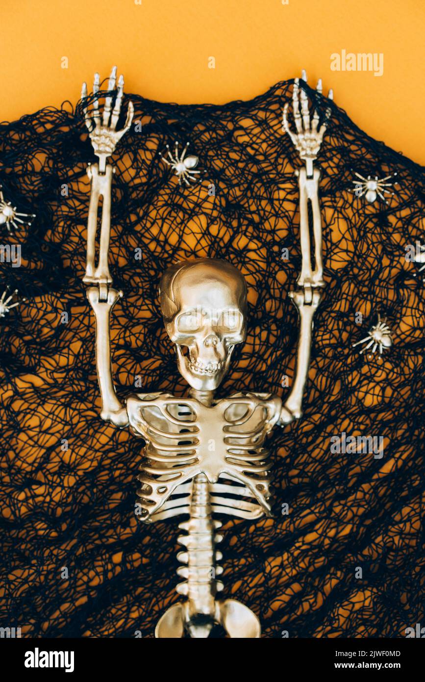 Halloween background with black cobweb, spiders and golden skeleton ...