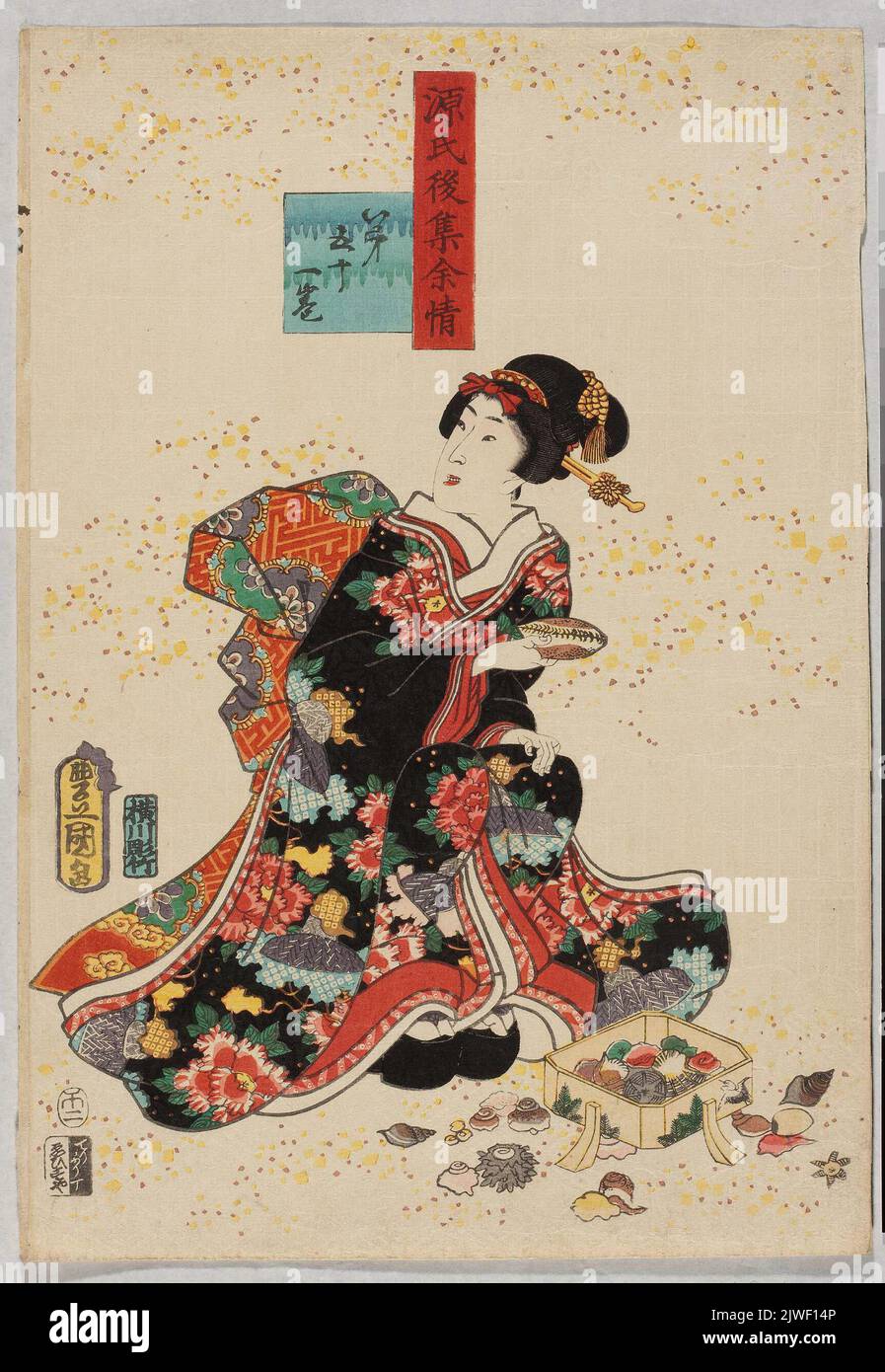 Girl crouching at a casket with seashells; right panel of the diptych ...