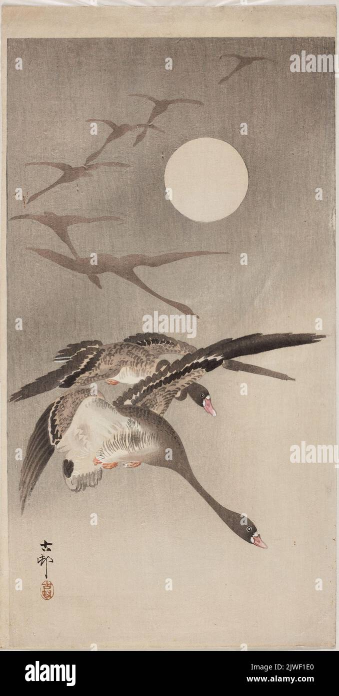 Moon and wild geese in V-formation. Ohara, Shôson (Koson) (1877-1945), graphic artist Stock ...