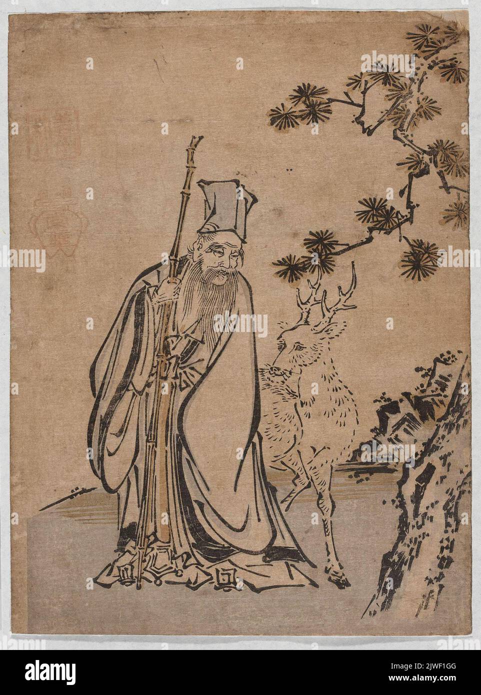 Jurojin, god of longevity, and a fawn, print after the composition by ...