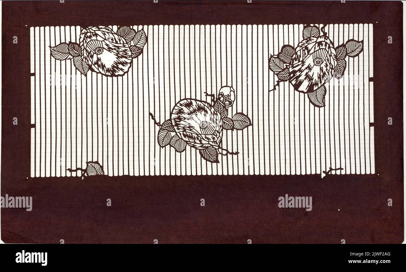 Ise-katagami stencil; pattern of vertical stripes against camellia ...