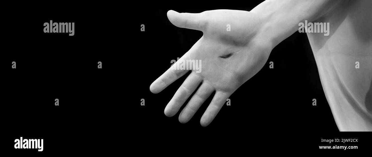 Detail of sculpted art of hand of Jesus with wound nail mark from ...