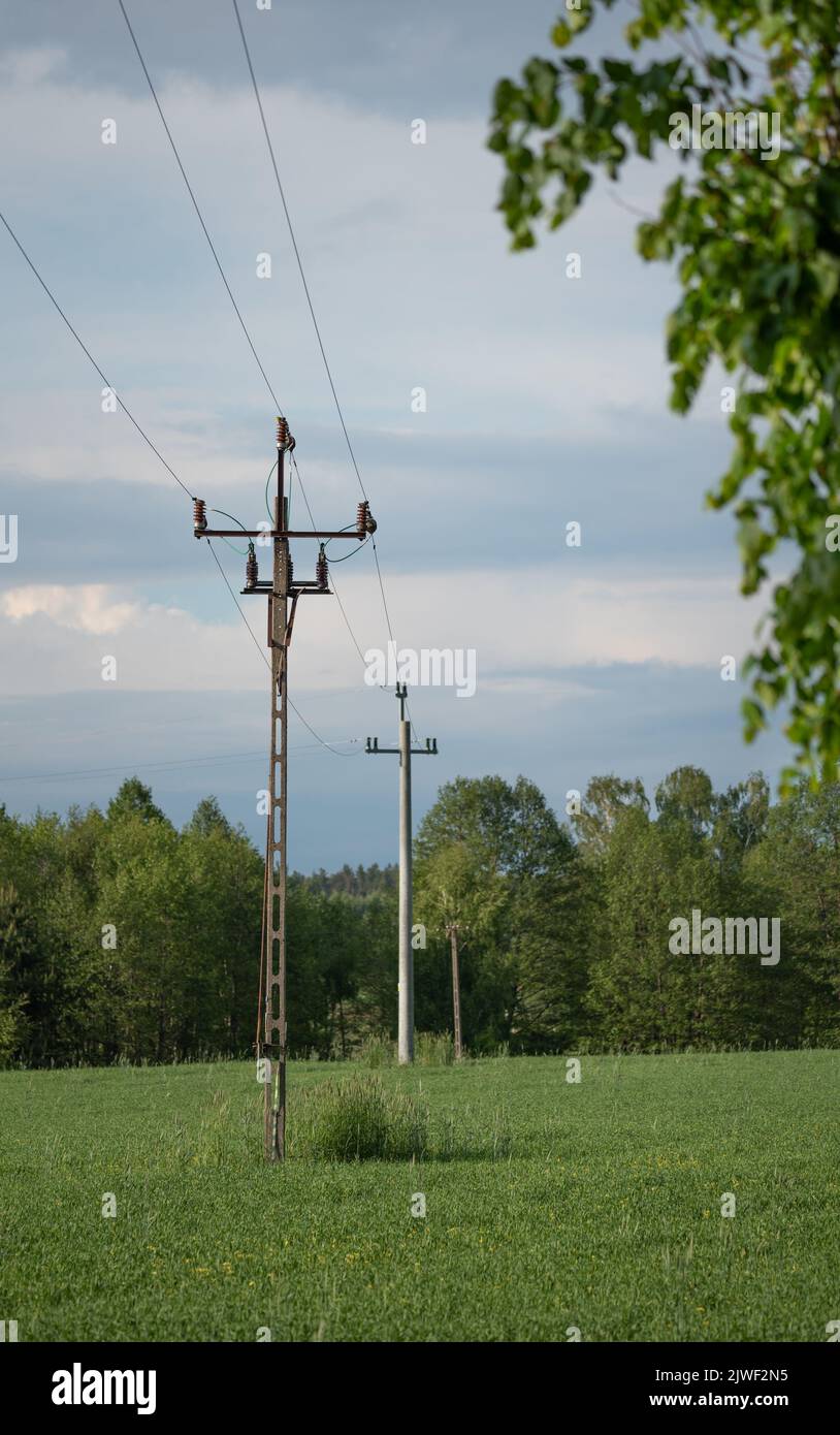 Old electric poles with stretched cables. Old electrical network ...