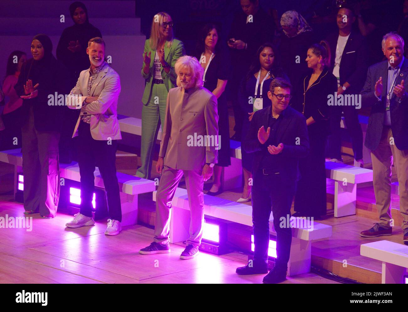 Bob Geldof (centre) and Mayor of Greater Manchester Andy Burnham (right ...