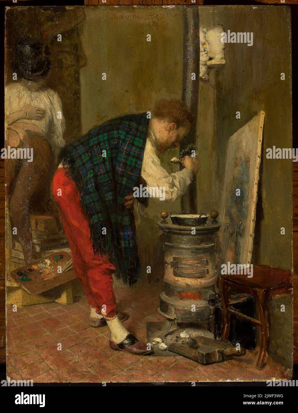 Artist's studio interior with a self-portrait. Horowitz, Leopold (1838 ...