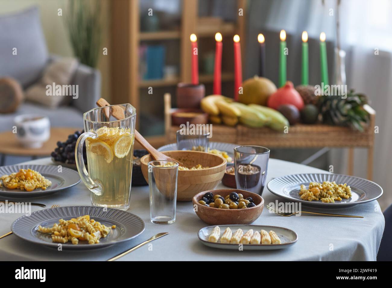 Close-up of dining table with food and drinks on dining table preparing ...