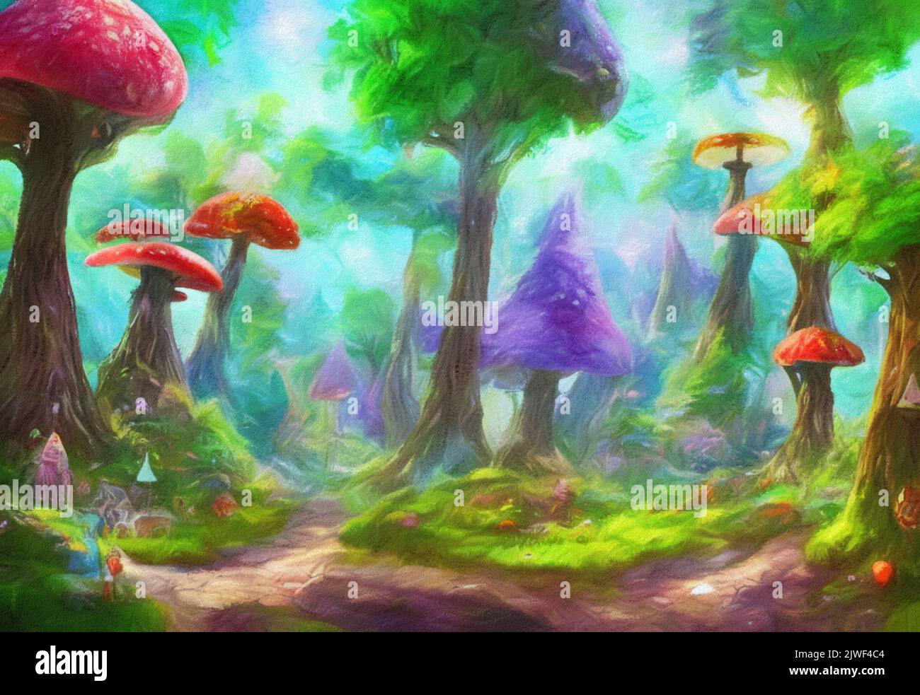 Watercolor and oil fantasy forest landscape, magic trees, mushrooms ...