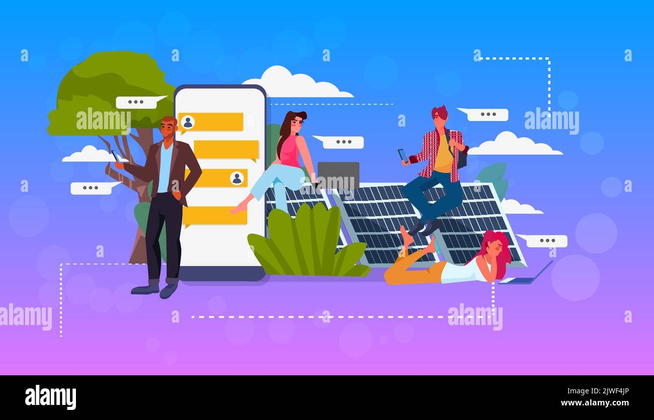 people using digital gadgets near solar panel sustainable ESG ...