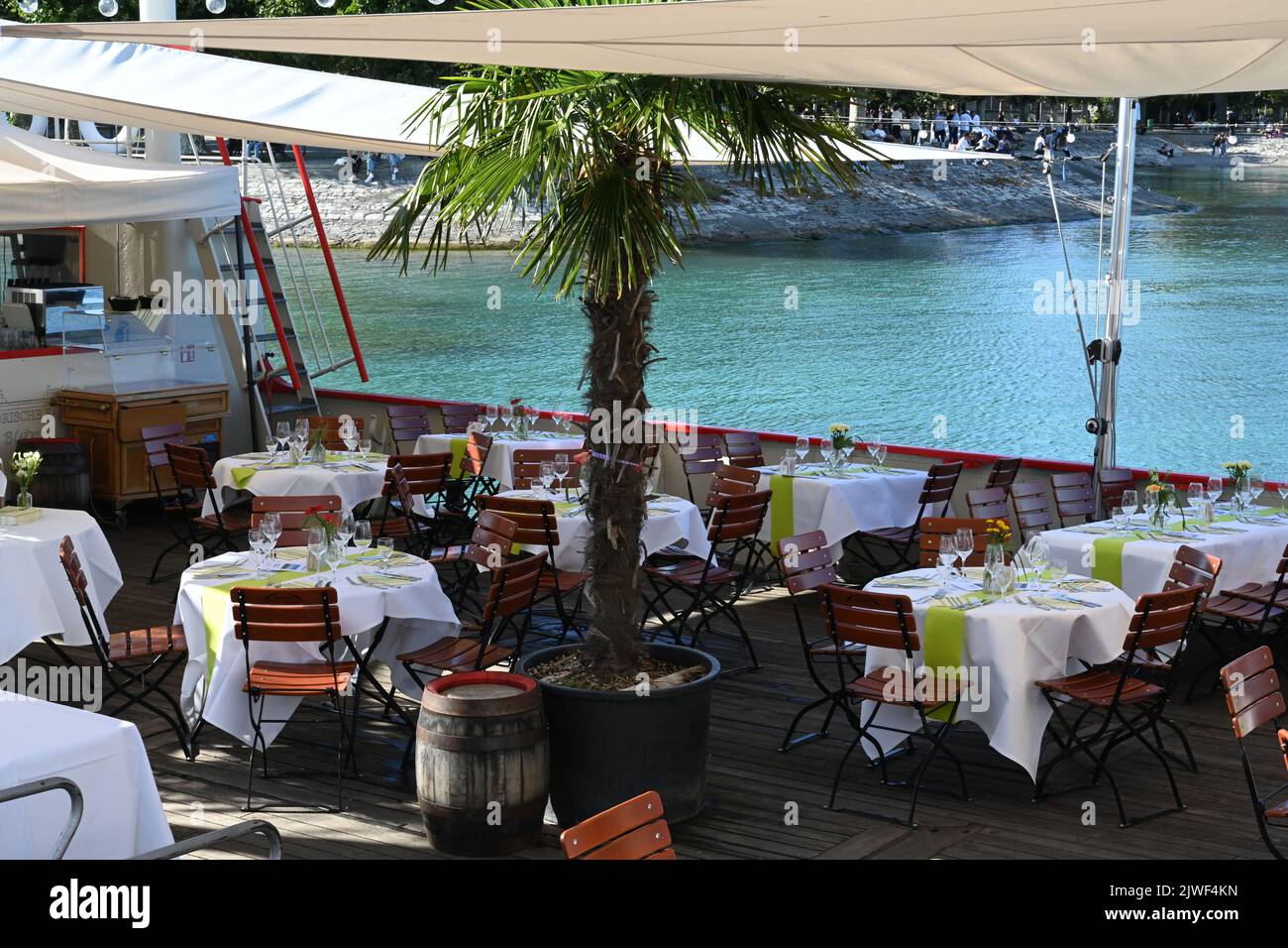 Restaurant on a ship on Lake Constance in the port of Constance City in ...