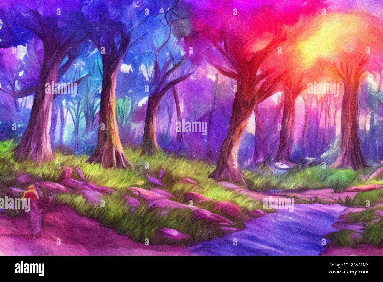 Watercolor and oil fantasy forest landscape, magic trees, mushrooms ...