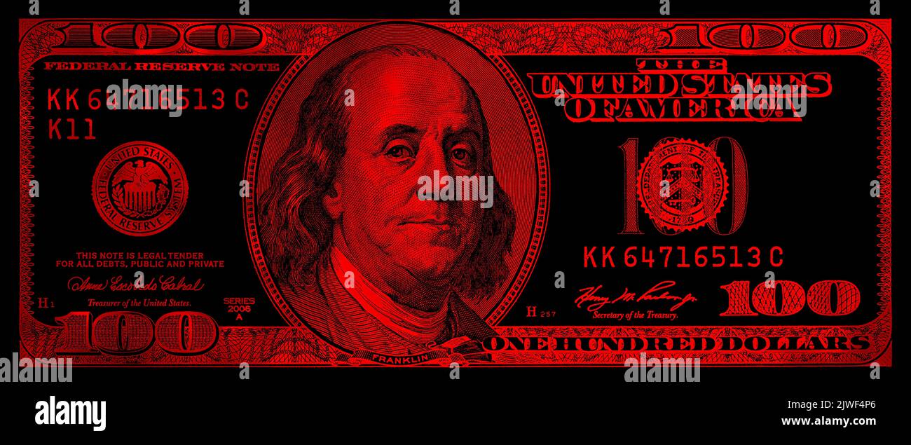 red textured 100 US dollar banknote with black background for design ...